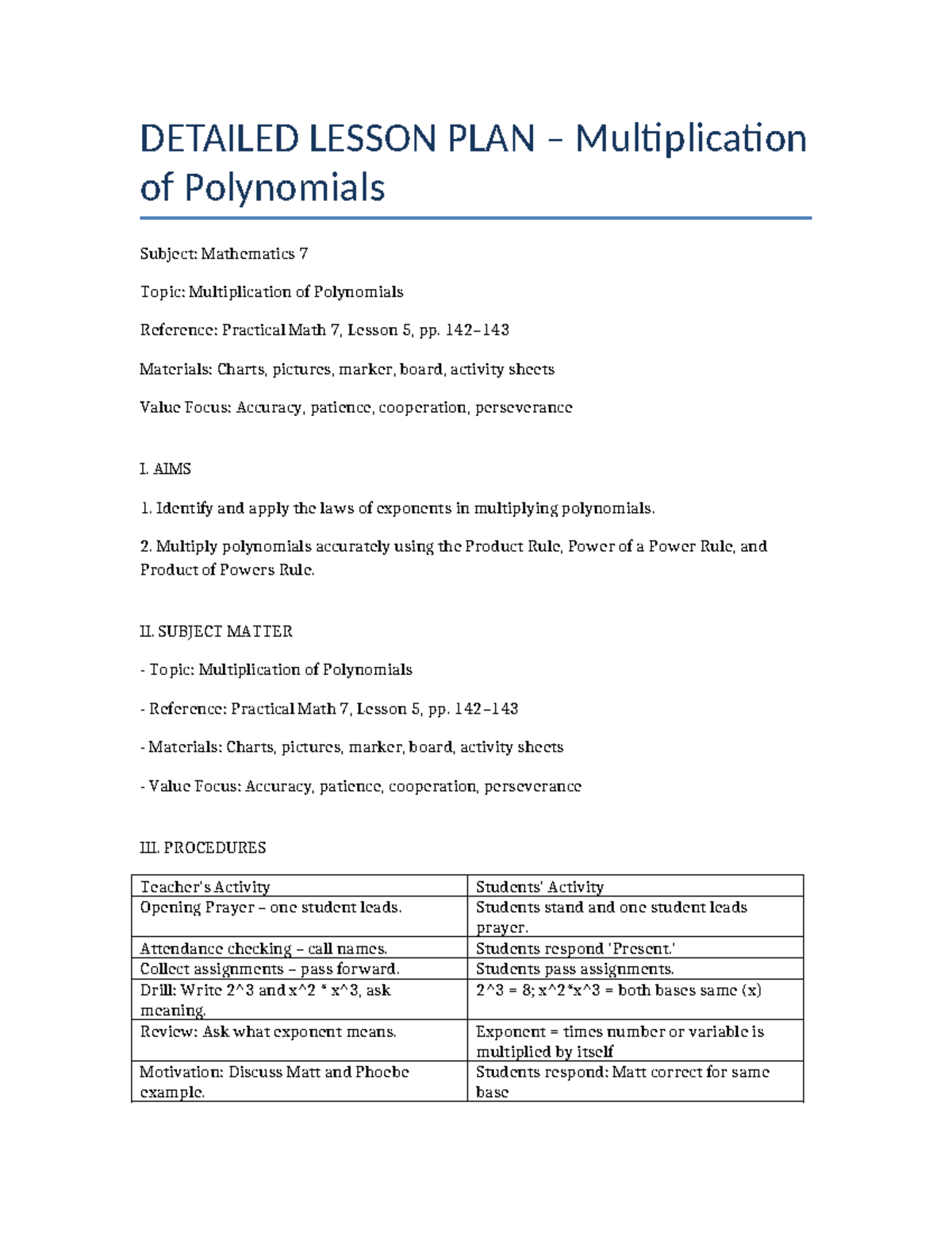 Mathematics 7 Lesson Plan: Multiplication of Polynomials - Studocu