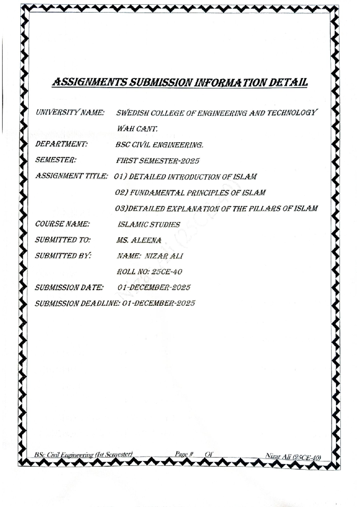 Islamic Studies (IST) Assignment 01: Introduction to Islam - Studocu