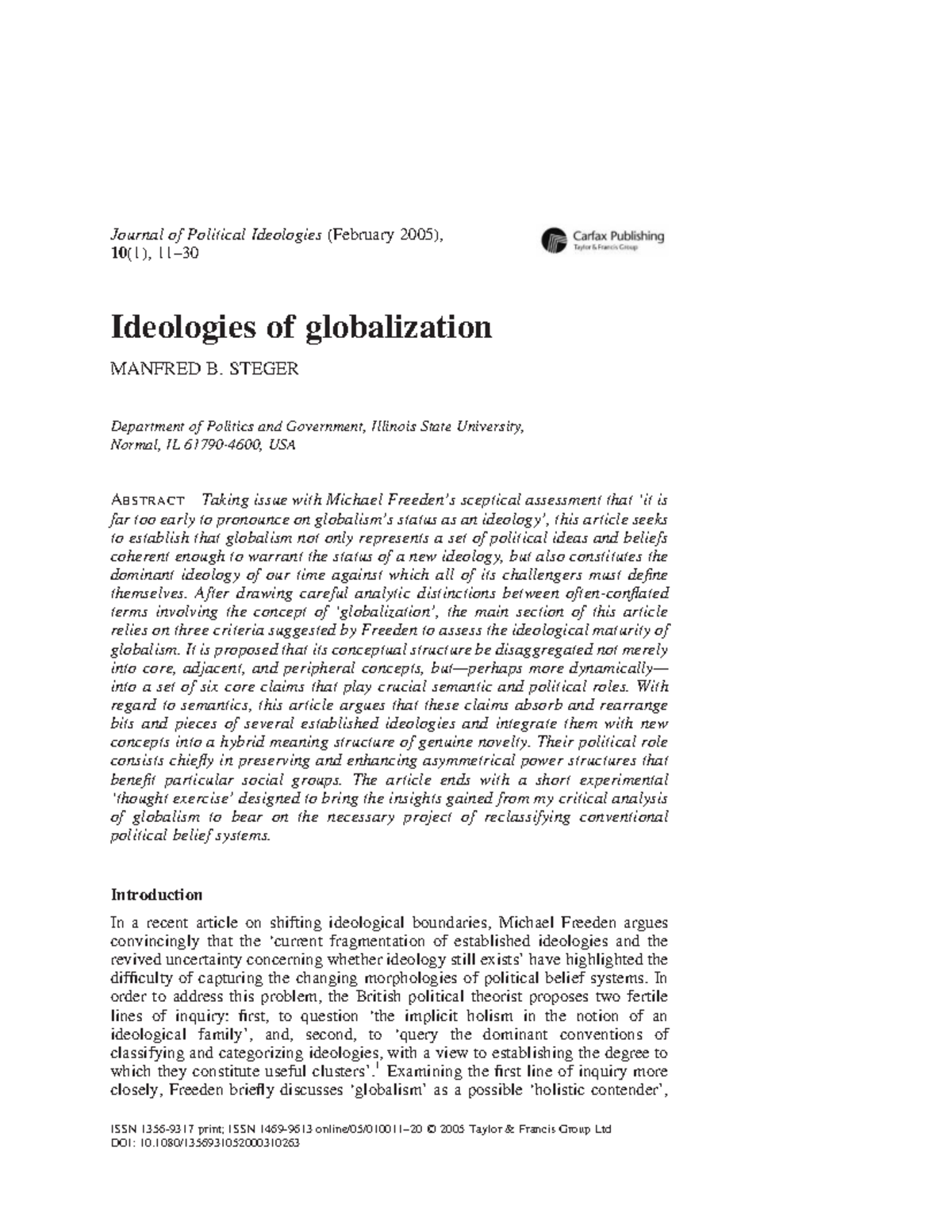 Steger: Ideologies of Globalization - An Analytical Perspective - Studocu