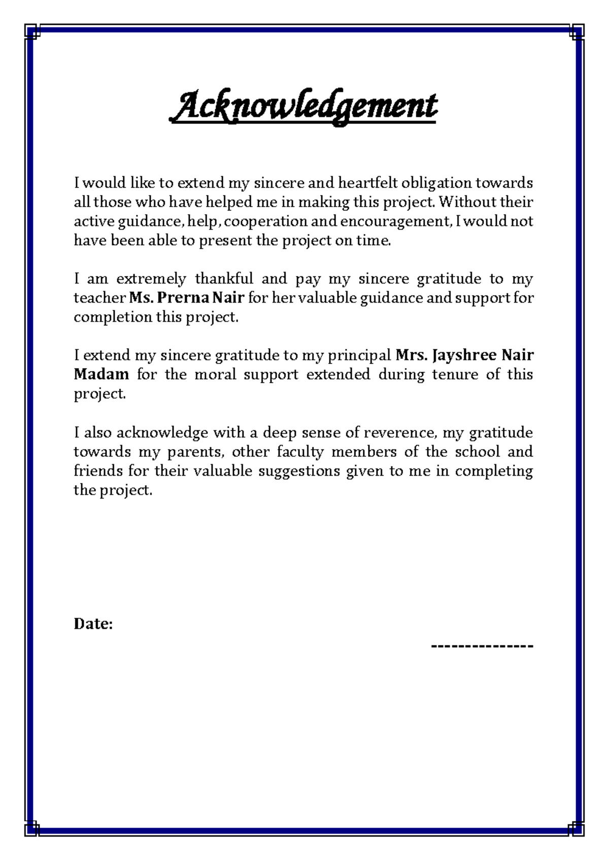Acknowledgement & Gratitude for Project Support - Studocu