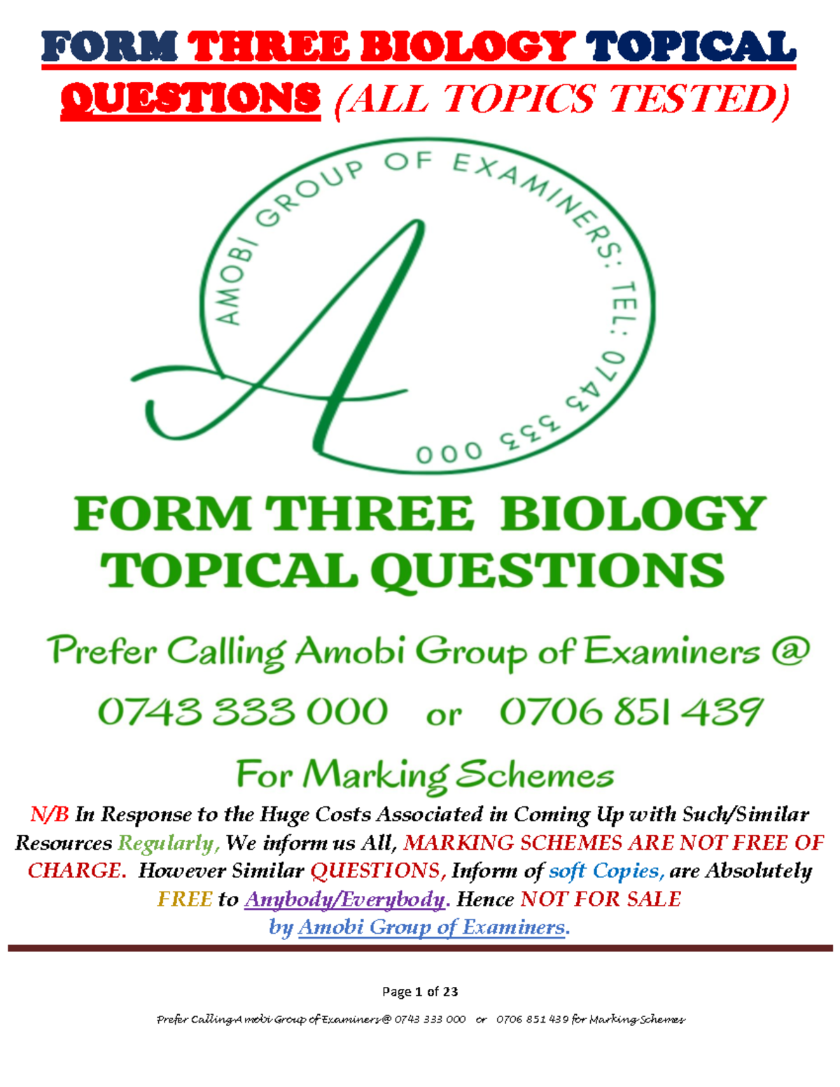 F3 BIOLOGY TOPICAL QUESTIONS - MARKING SCHEMES & ANSWERS - Studocu