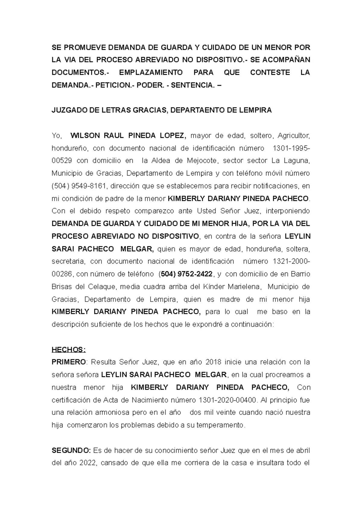Demanda de Ampliación de Alimentos y Medida Cautelar Inaudita Parte ...