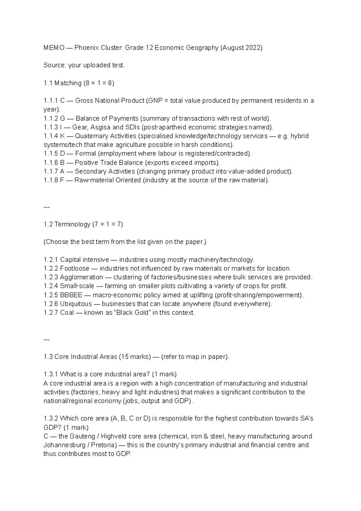 Geog Test Memo: Grade 12 Economic Geography Insights (Aug 2022) - Studocu