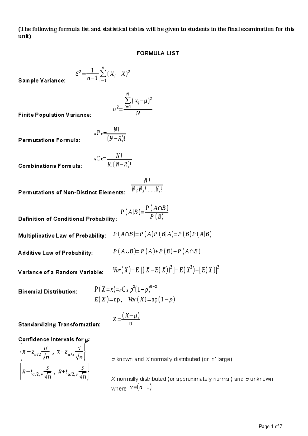 ECON1006 Final Exam Economic Methods Formula List & Stat Tables - Studocu