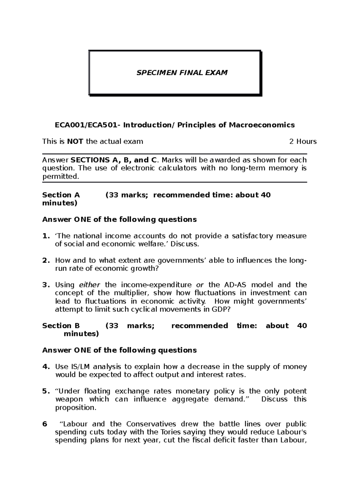 Specimen Exam Paper - questions - SPECIMEN FINAL EXAM ECA001/ECA501 ...