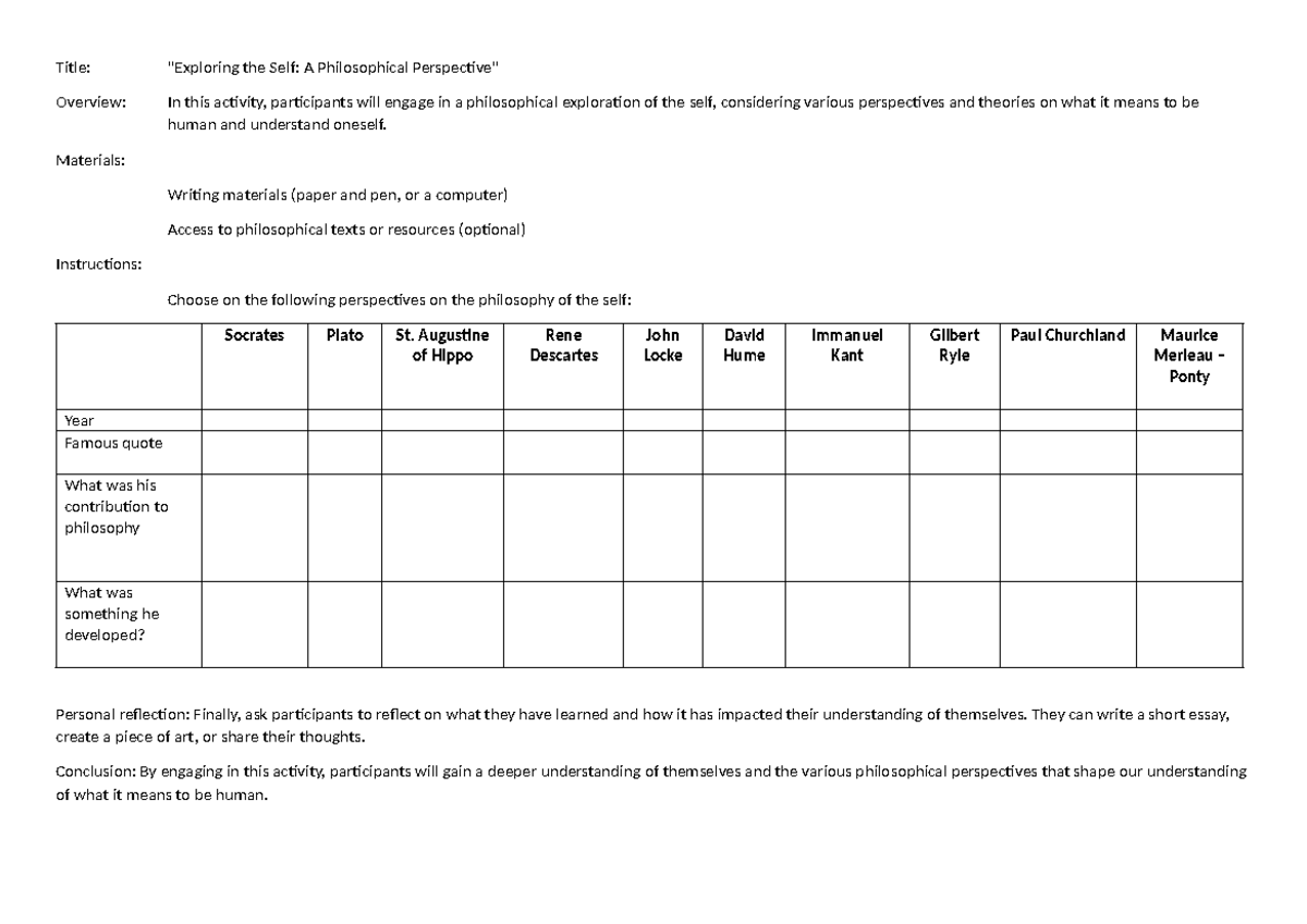 PHIL 101: Exploring the Self - A Philosophical Activity Guide - Studocu