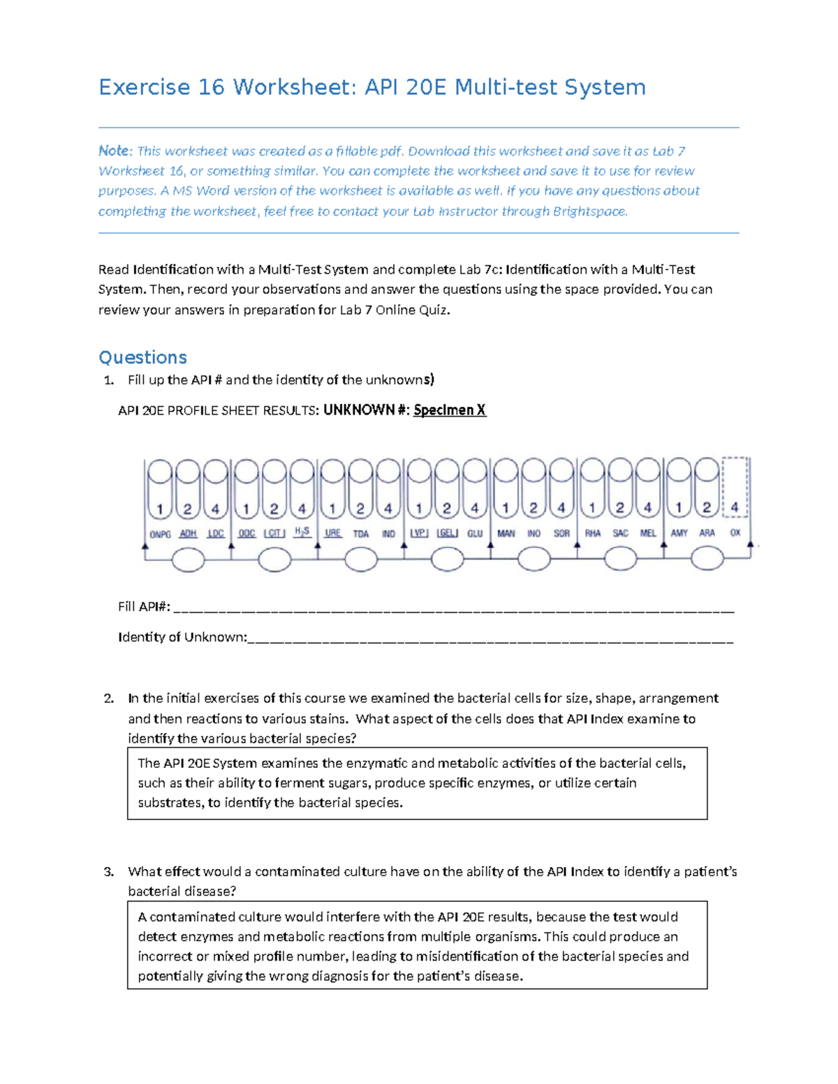 Lab 7 Worksheet: API 20E System Exercise 16 Review - Studocu