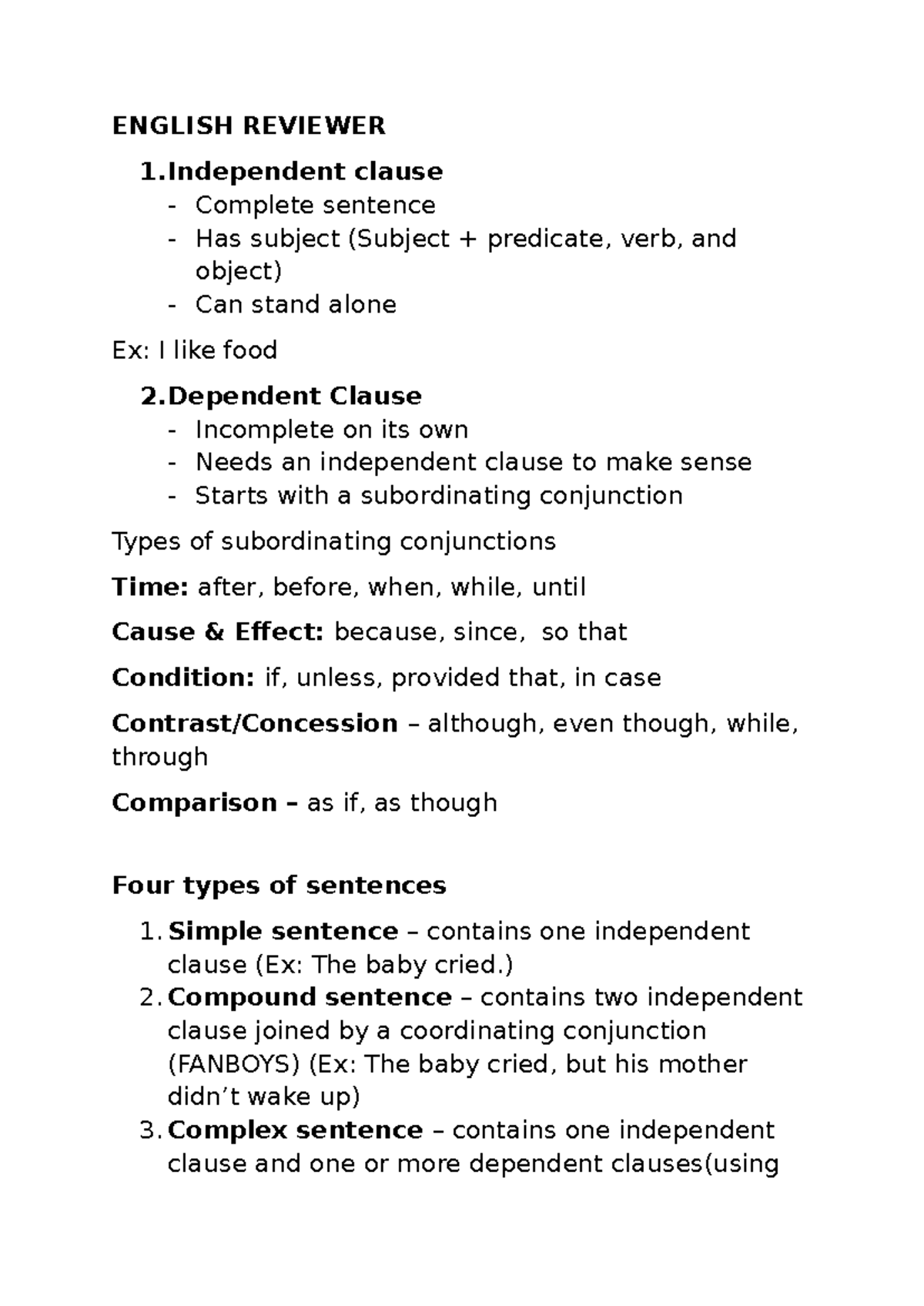 ENGLISH 101: Comprehensive Review of Clauses and Sentences - Studocu