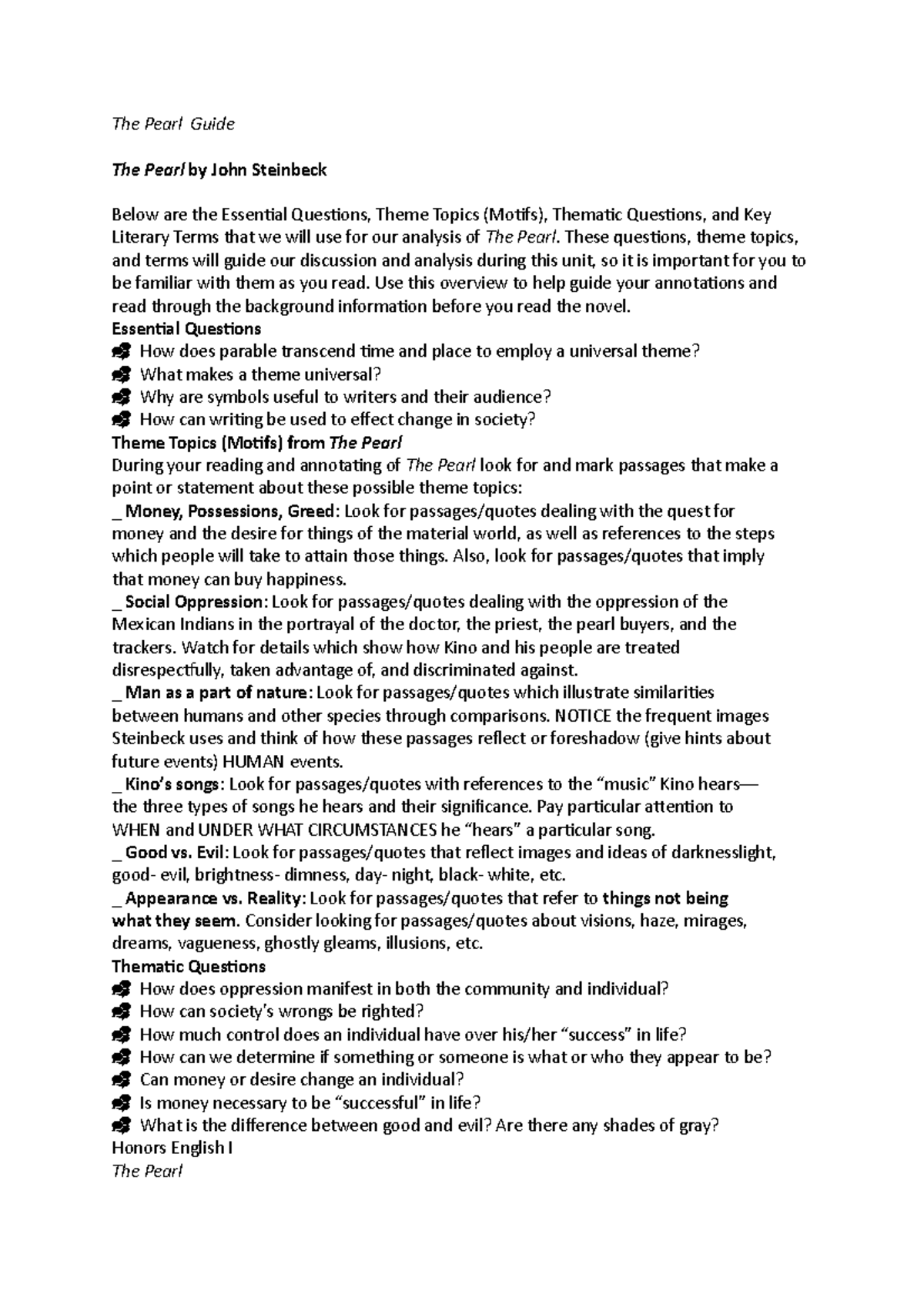 The Pearl-Guide - The Pearl Guide The Pearl by John Steinbeck Below are ...