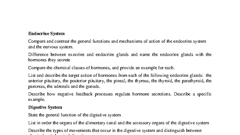 Review sheet Exam1 Bio 12 - Endocrine System Compare and contrast the ...
