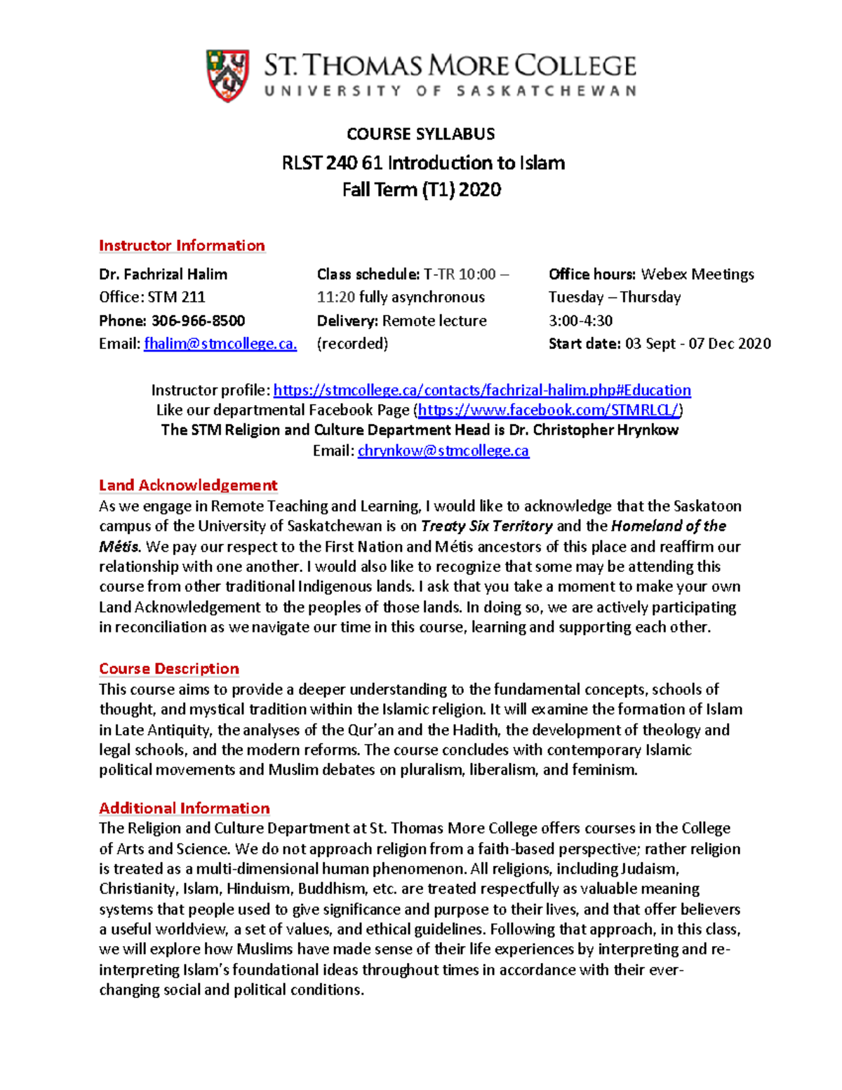 RLST 240 T1 2020 Online Introduction to Islam Course Syllabus - Studocu
