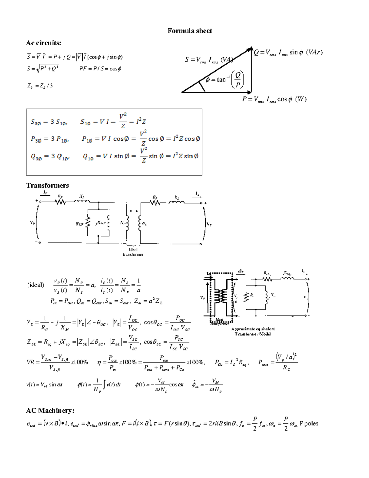 331 AC Circuits Cheat Sheet: Final Exam Formula Overview - Studocu