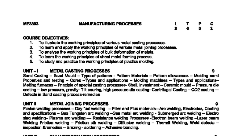 ME3393 Manufacturing Processes: Course Overview and Objectives - Studocu