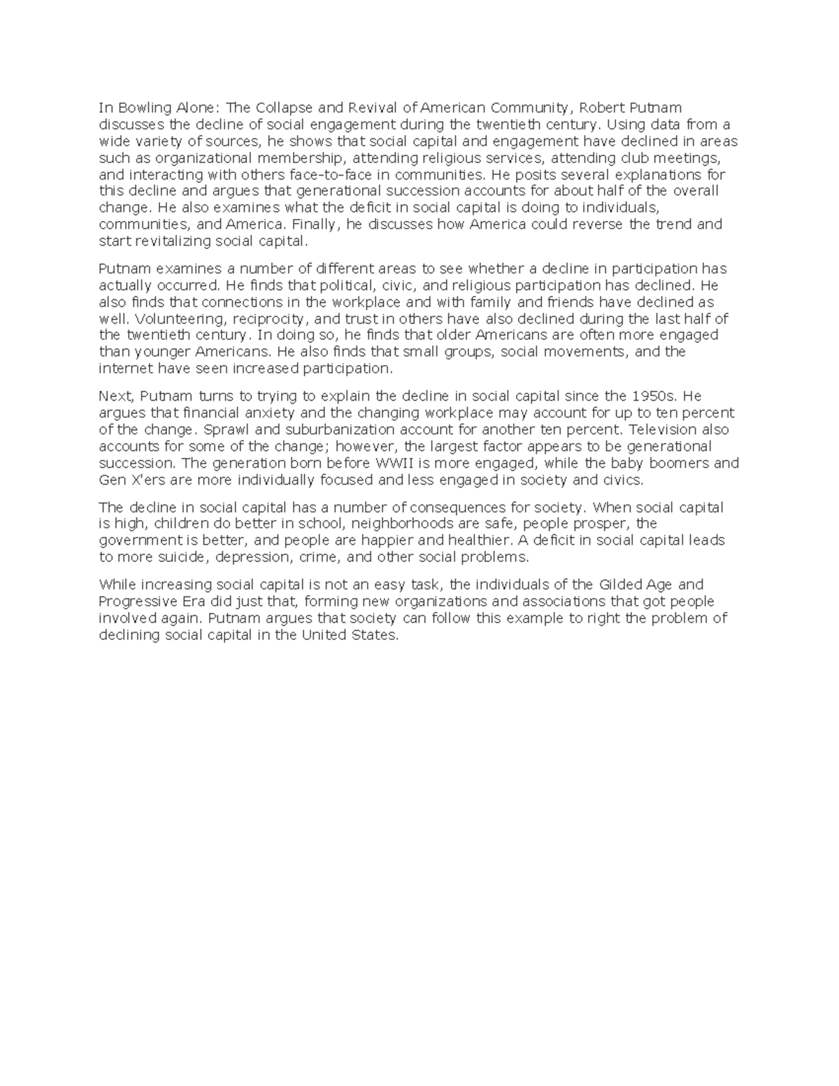 Summary Bowling Alone 3 - In Bowling Alone: The Collapse and Revival of ...