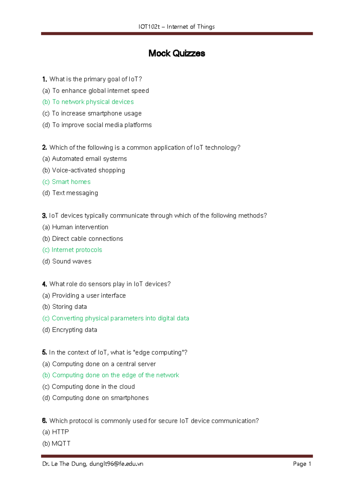 IOT102t Internet of Things Mock Quiz Questions and Answers - Studocu