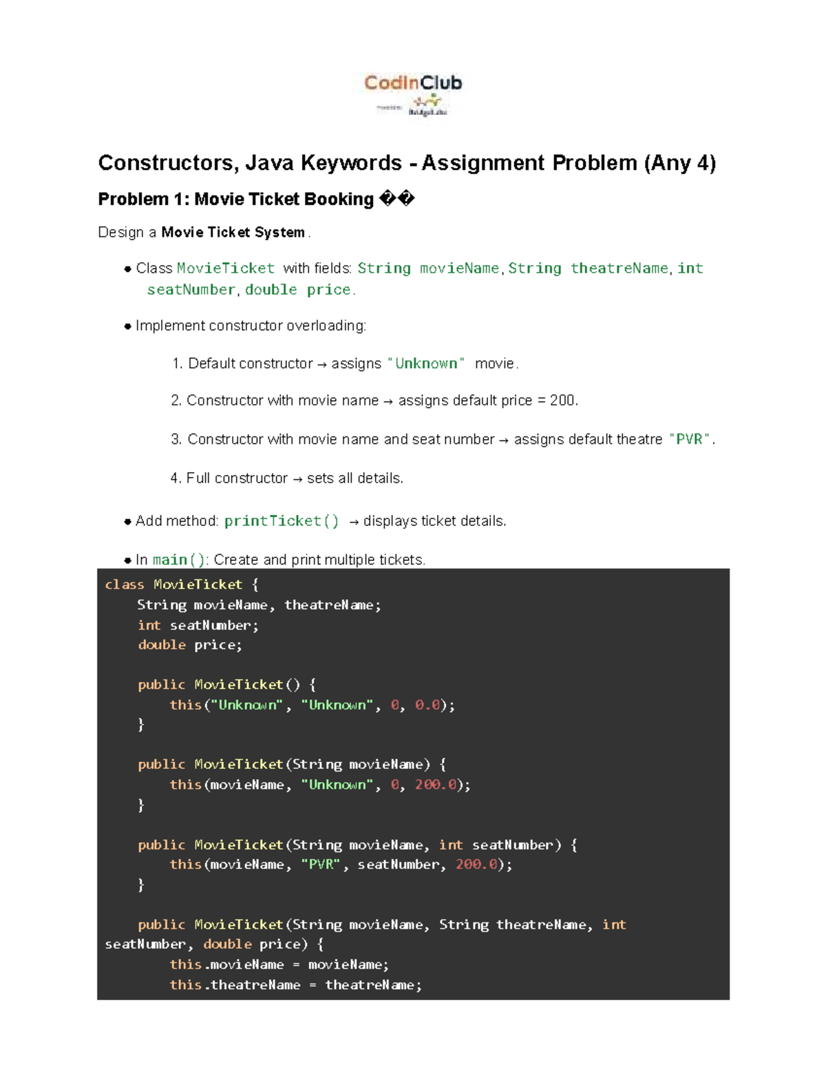 OOPD 659: Constructors and Java Keywords Assignment Solutions - Studocu