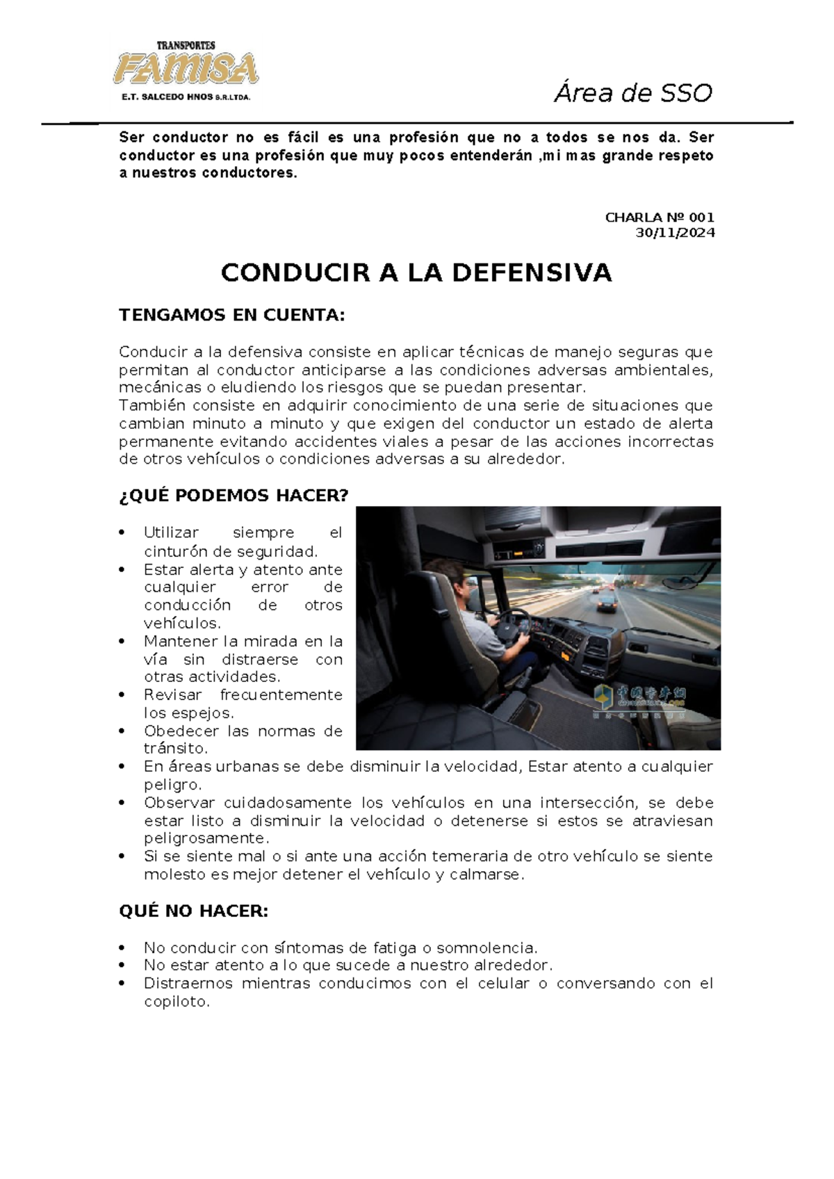 Charla Nº 001 - Conducir A LA Defensiva - Área de SSO Ser conductor no ...
