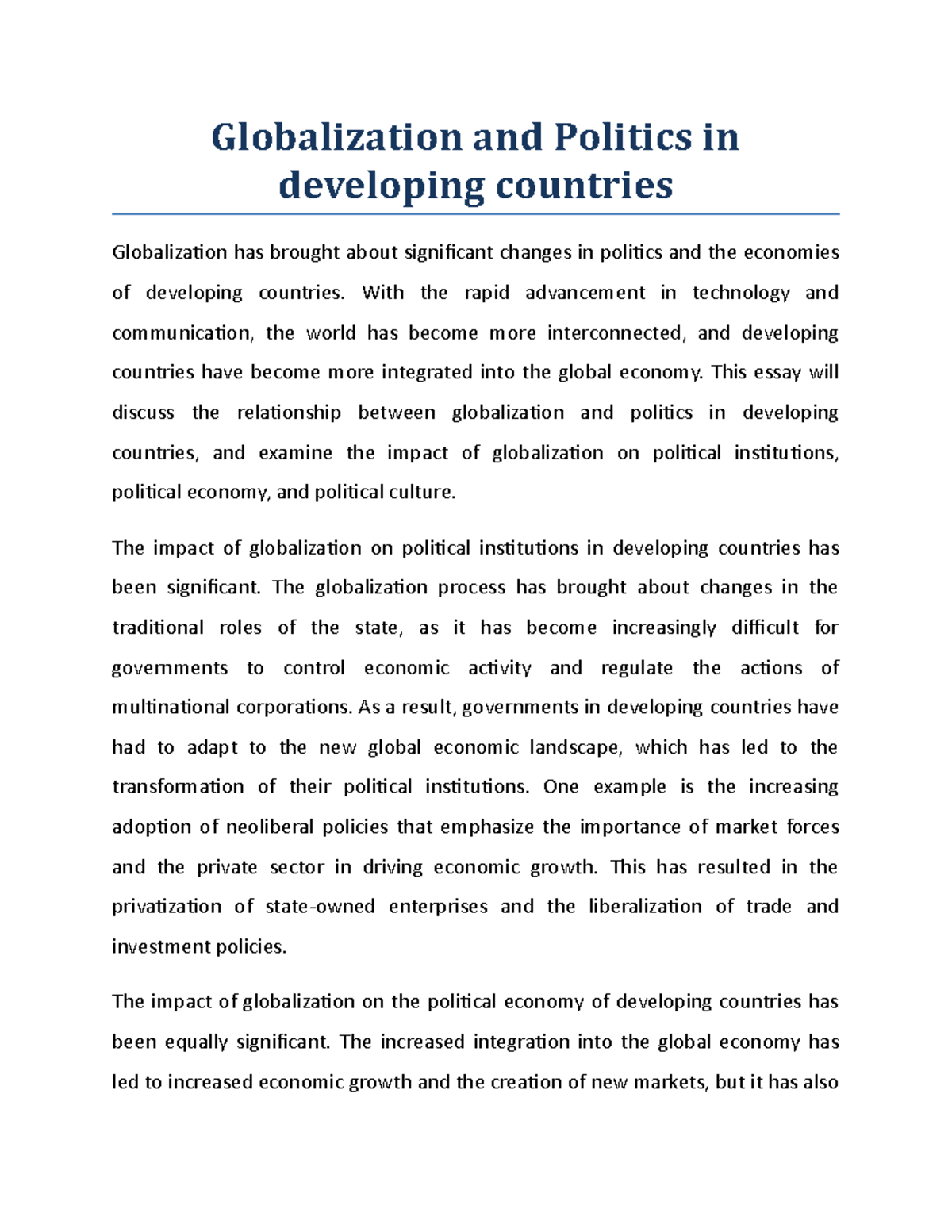 Globalization and Politics: Impact on Developing Countries - Studocu