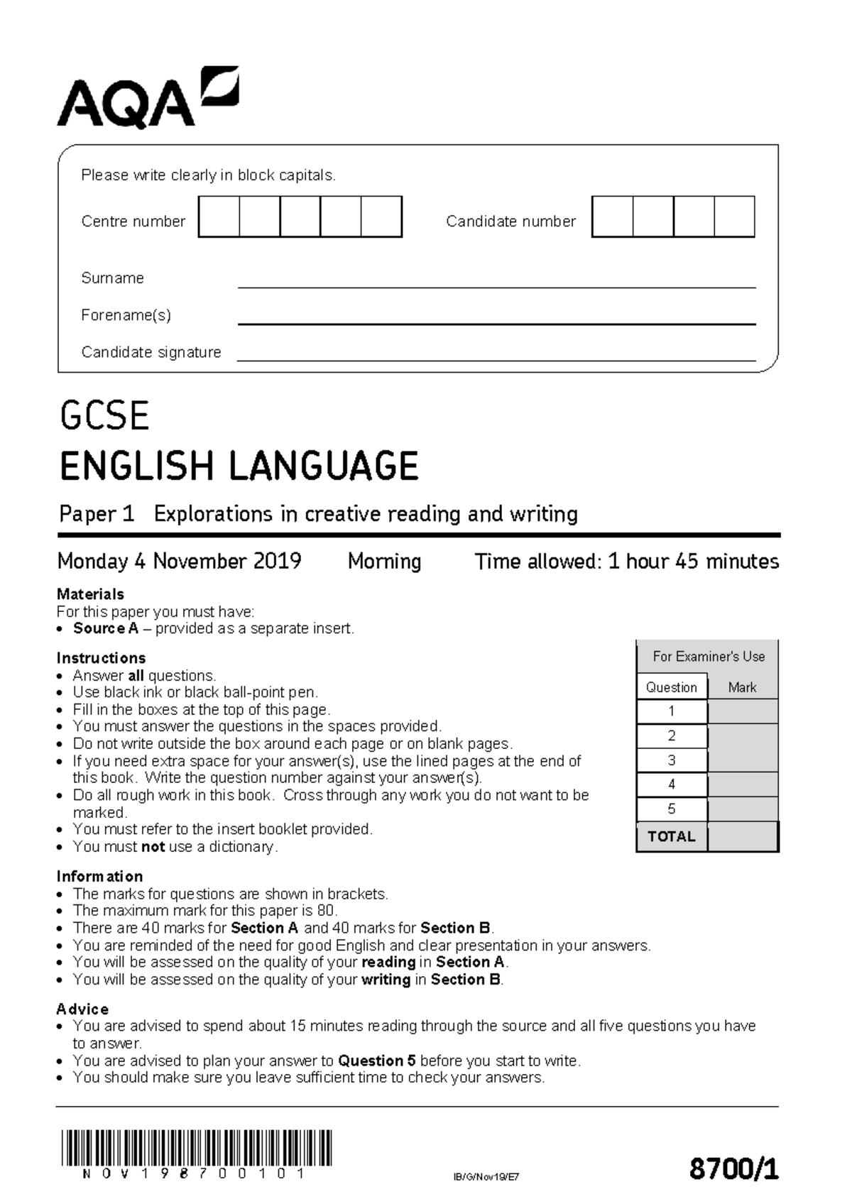 GCSE ENGLISH LANGUAGE Paper 1 - Nov 2021 Question Paper - Studocu