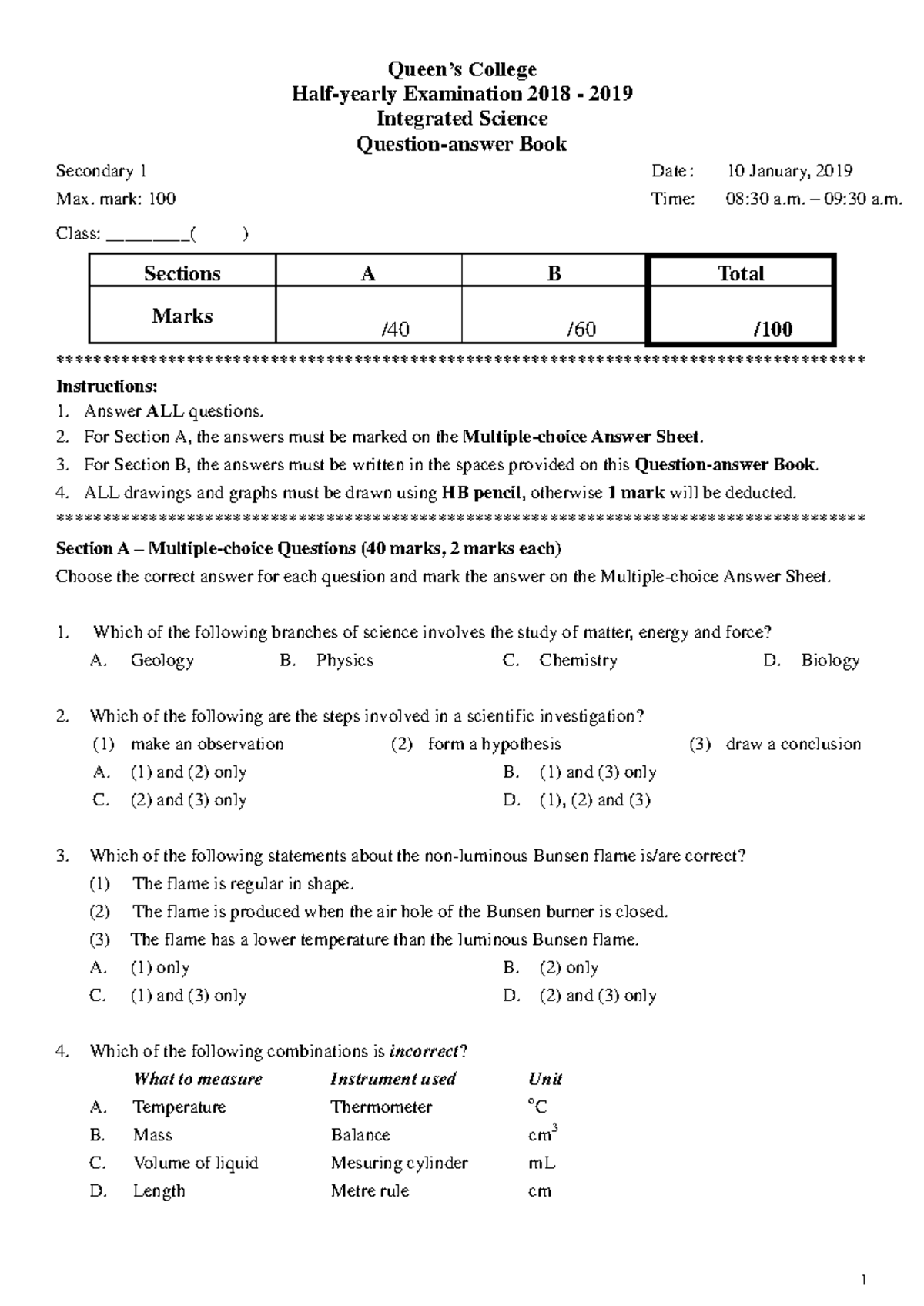 2018-19 HYE S1 Integrated Science F1 Exam Paper - Q2 - Studocu