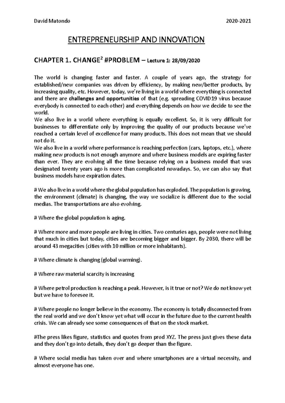Entrepreneurship & Innovation: Lecture Notes for Course CODE 101 - Studocu