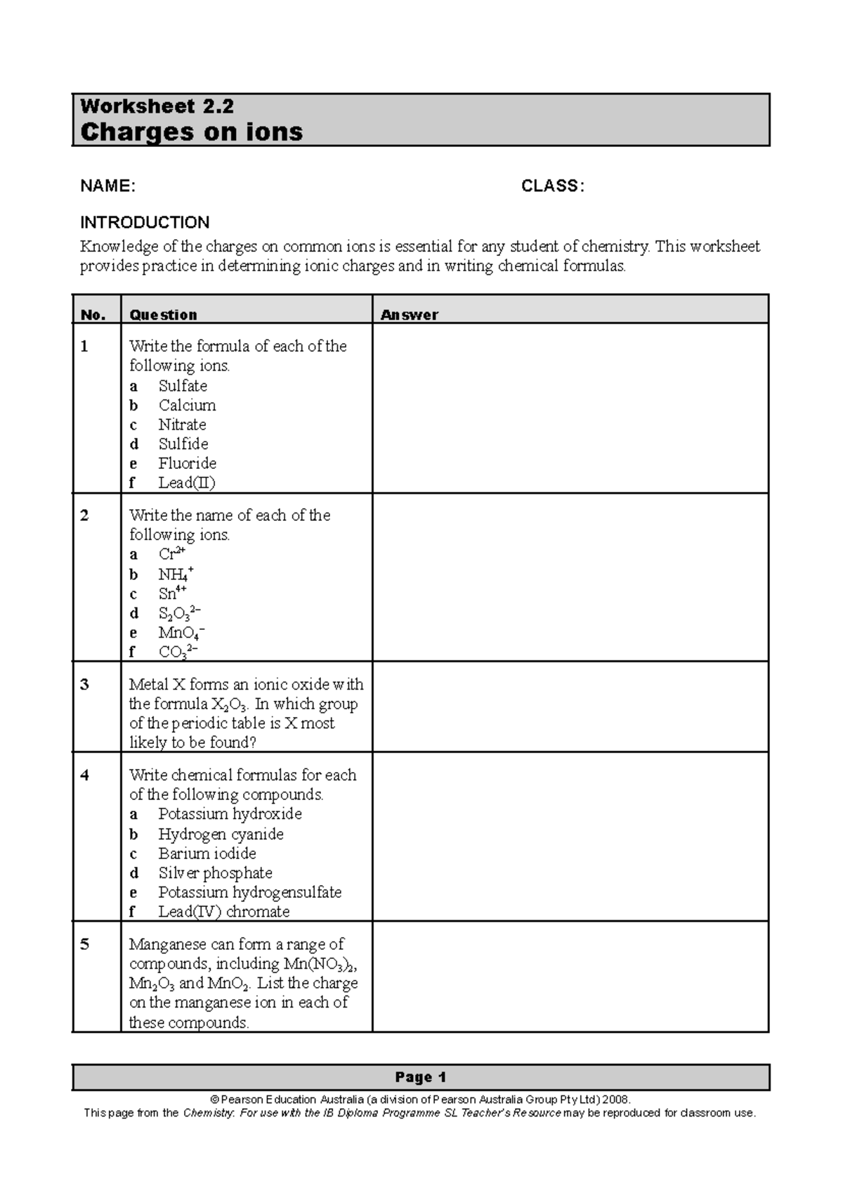 Charges on Ions Worksheet 2.2 - Intro to Chemistry Practice - Studocu