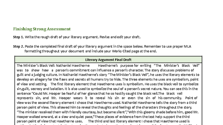 Literary Argument Final Draft: Analyzing Hawthorne's "The Black Veil ...
