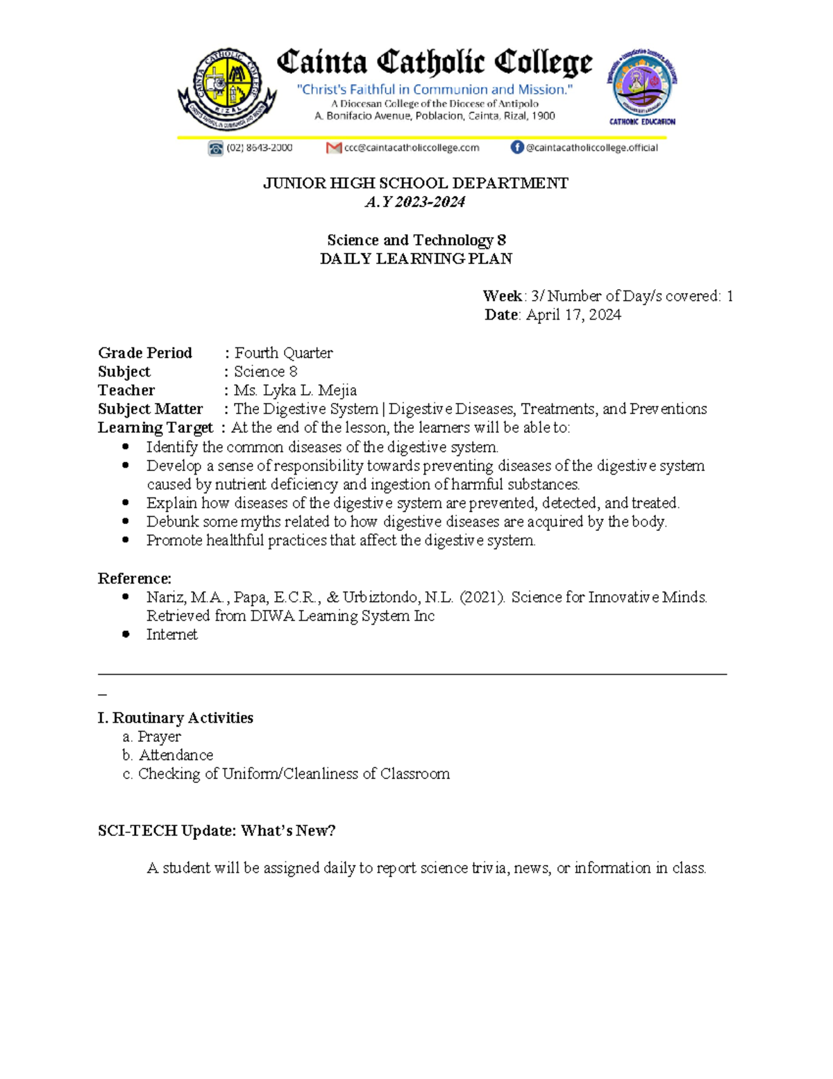 G8 Sci 8 DLP Q4: Digestive Diseases, Treatments & Prevention - Studocu