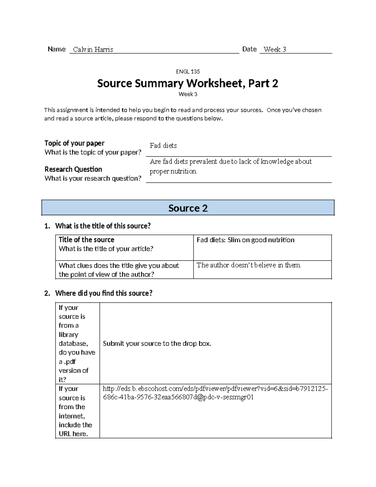 ENGL 135 Week 3 Source Summary Worksheet & Comments - Studocu