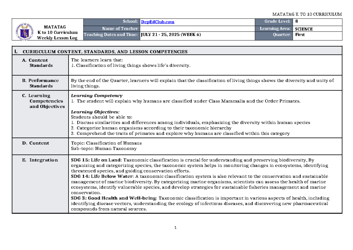 DLL Matatag K to 10 Science 8 Weekly Lesson Log (Q1 W6) - Studocu