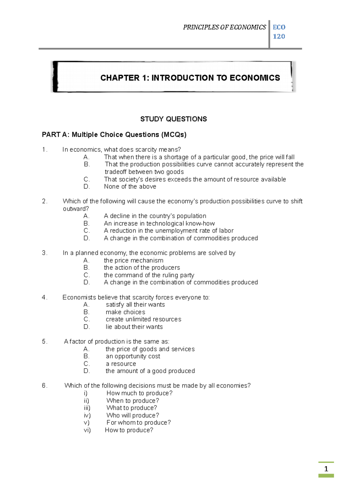 Compilation Final ECO120 Past Year Question - 1 PRINCIPLES OF ECONOMICS ...
