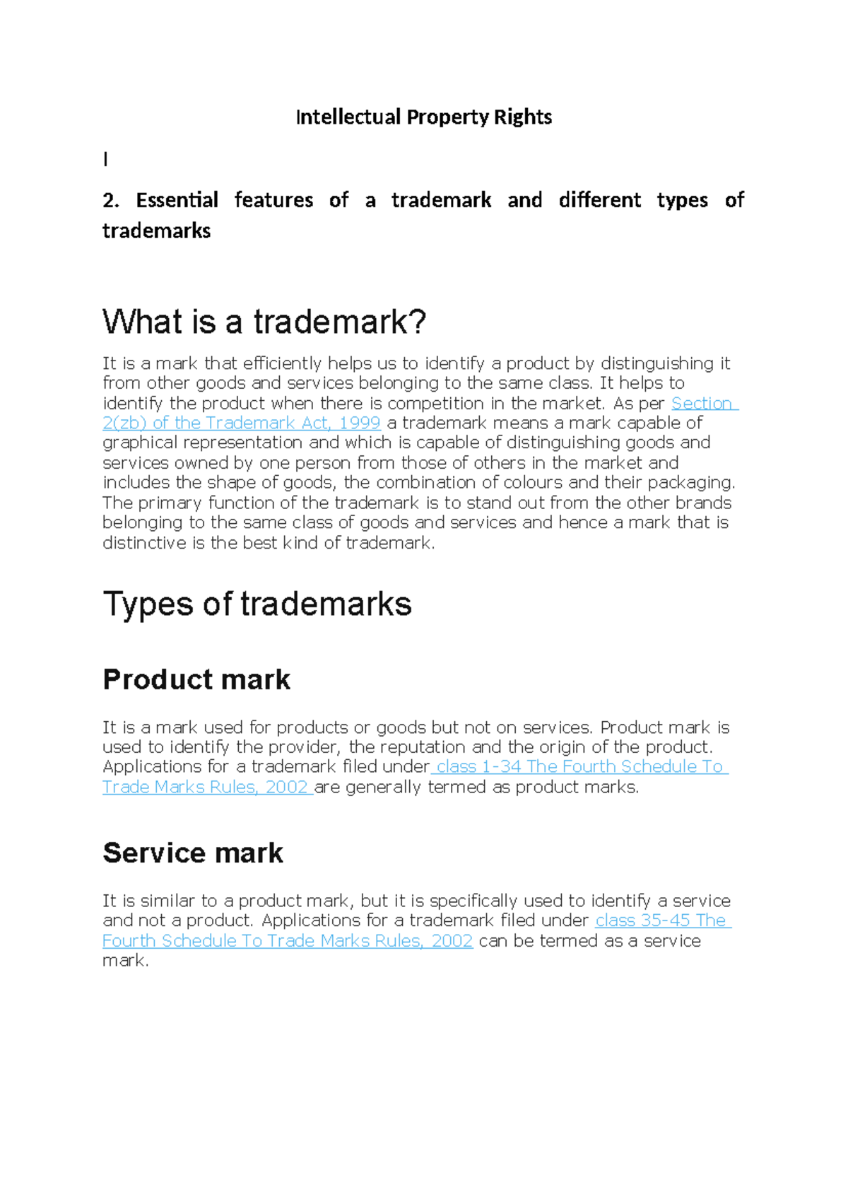 Intellectual Property Rights I: Types and Features of Trademarks - Studocu