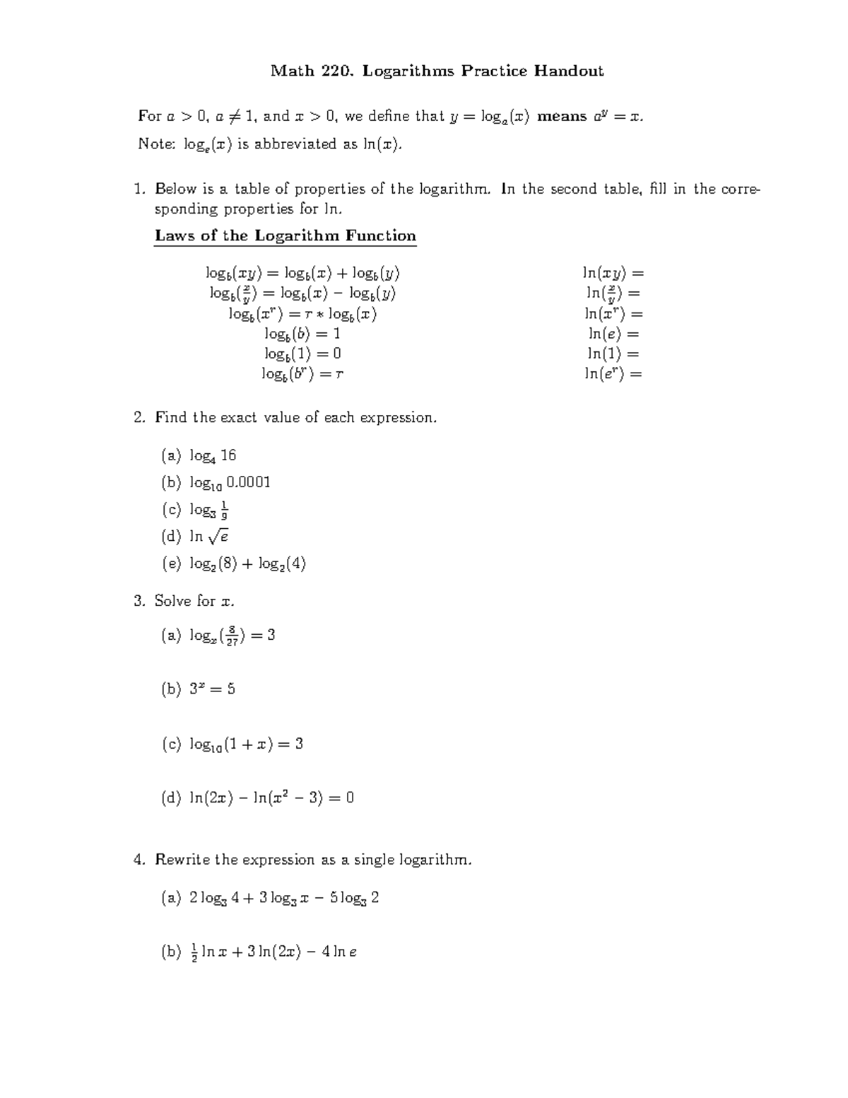 Logarthims Handout - Math notes - Math 220. Logarithms Practice Handout ...