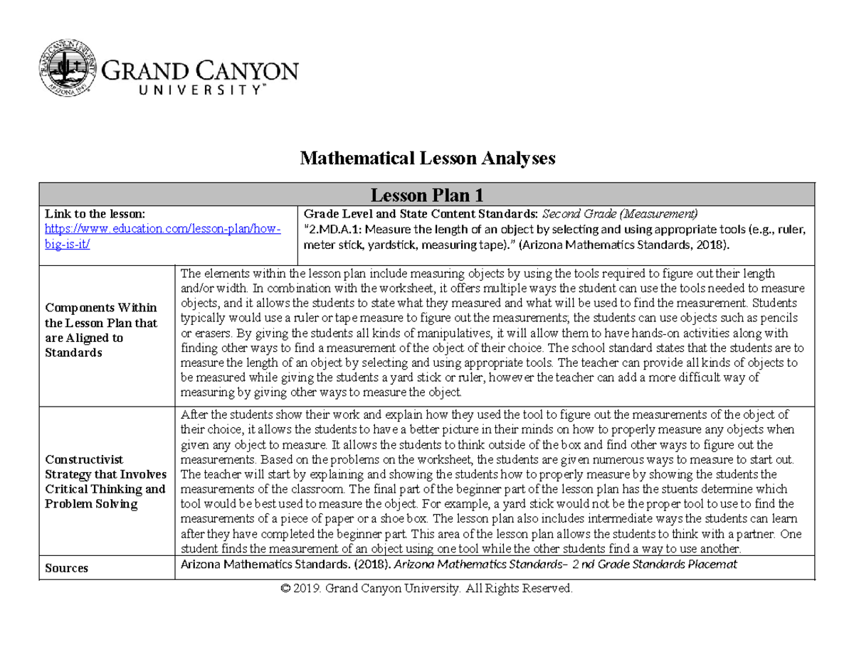 Mathematical Lesson Analysis for 2nd Grade Standards (Measurement ...