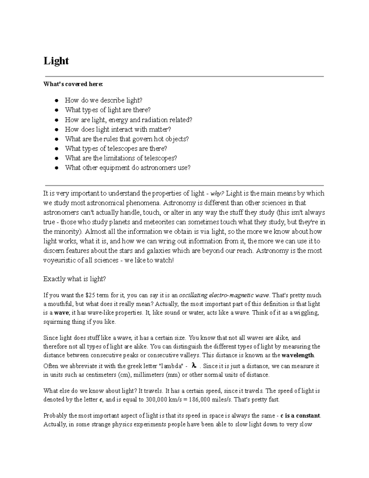 Light and Telescope - Light What's covered here: How do we describe ...