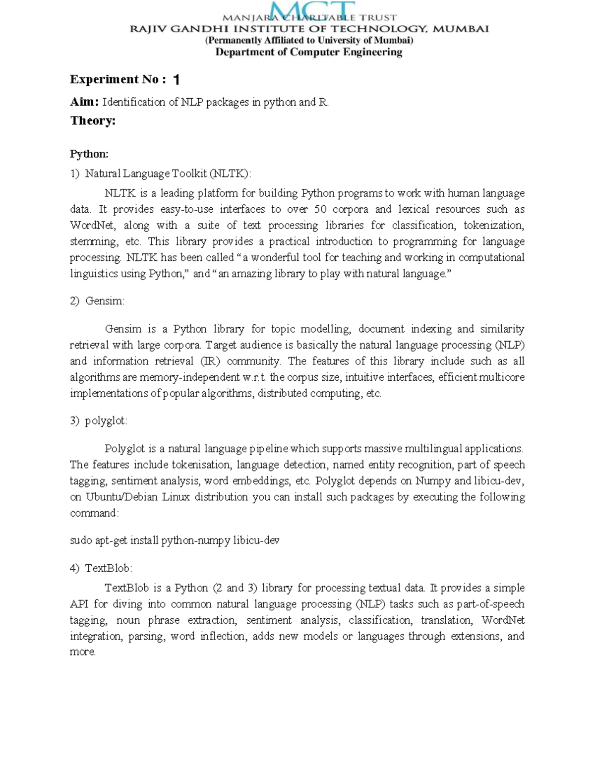 NLP 1 - Nlp - Experiment No : Aim: Identification of NLP packages in python and R. Theory ...