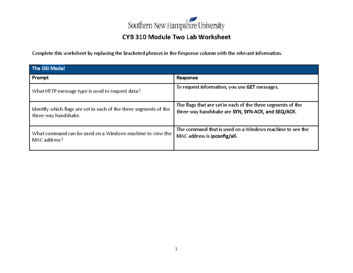 CYB 310 Module Two Lab Worksheet - OSI Model & Network Troubleshooting ...