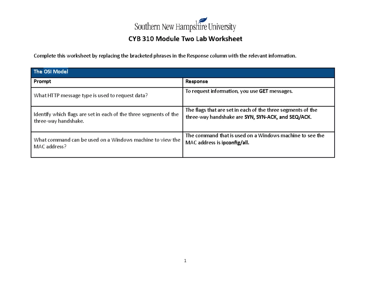 CYB-310 Module Two Lab Todd Lane - CYB 310 Module Two Lab Worksheet Todd Lane The OSI Model ...