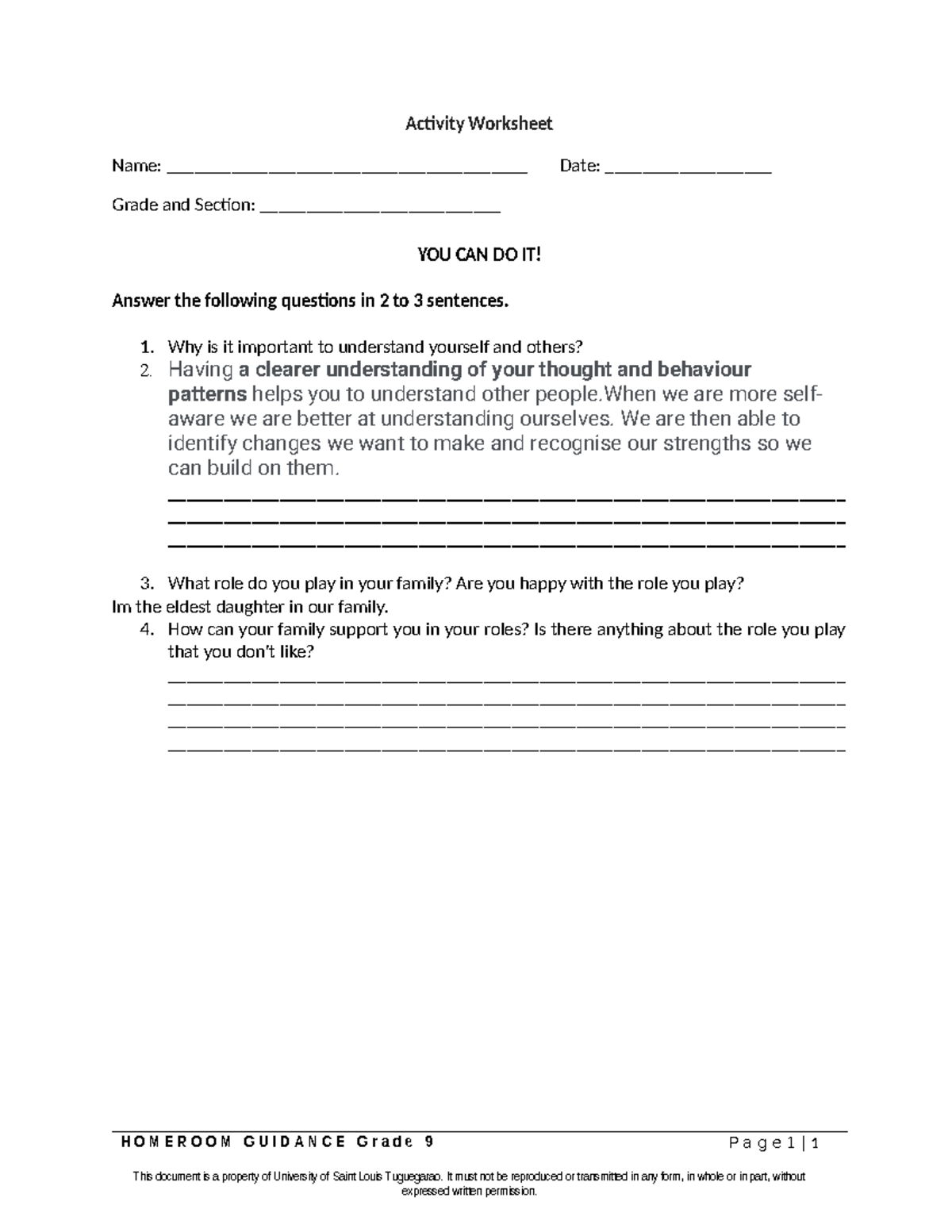 Activity Worksheet 6 - Self-Awareness & Family Roles (Grade 9) - Studocu