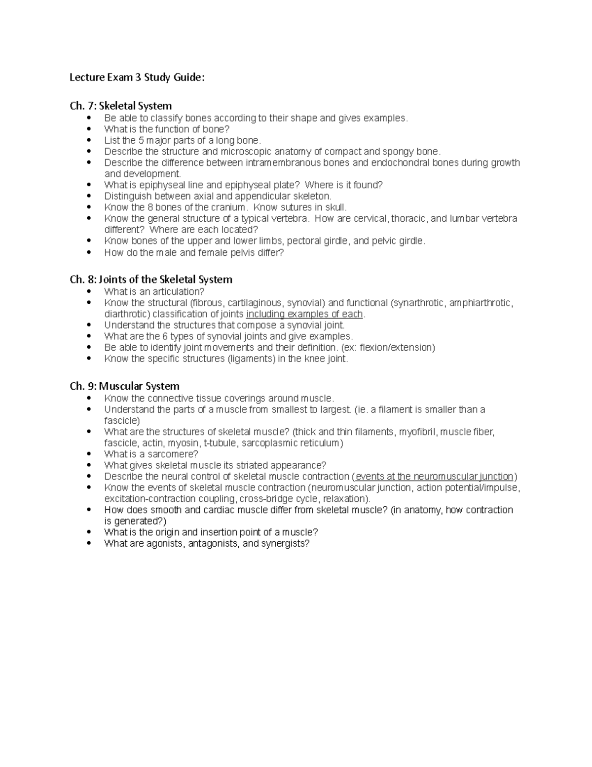 Lecture Exam 3 Study Guide: BIOL2401 Skeletal & Muscular Systems - Studocu