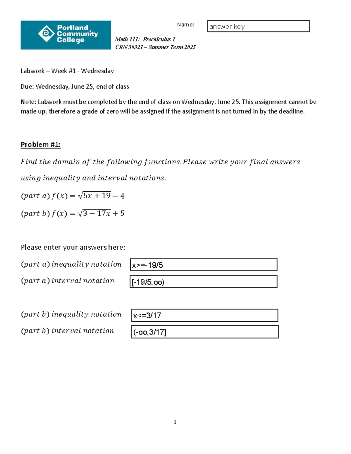 Math 111: Precalculus Labwork Week 1 Answer Key (CRN 30321) - Studocu