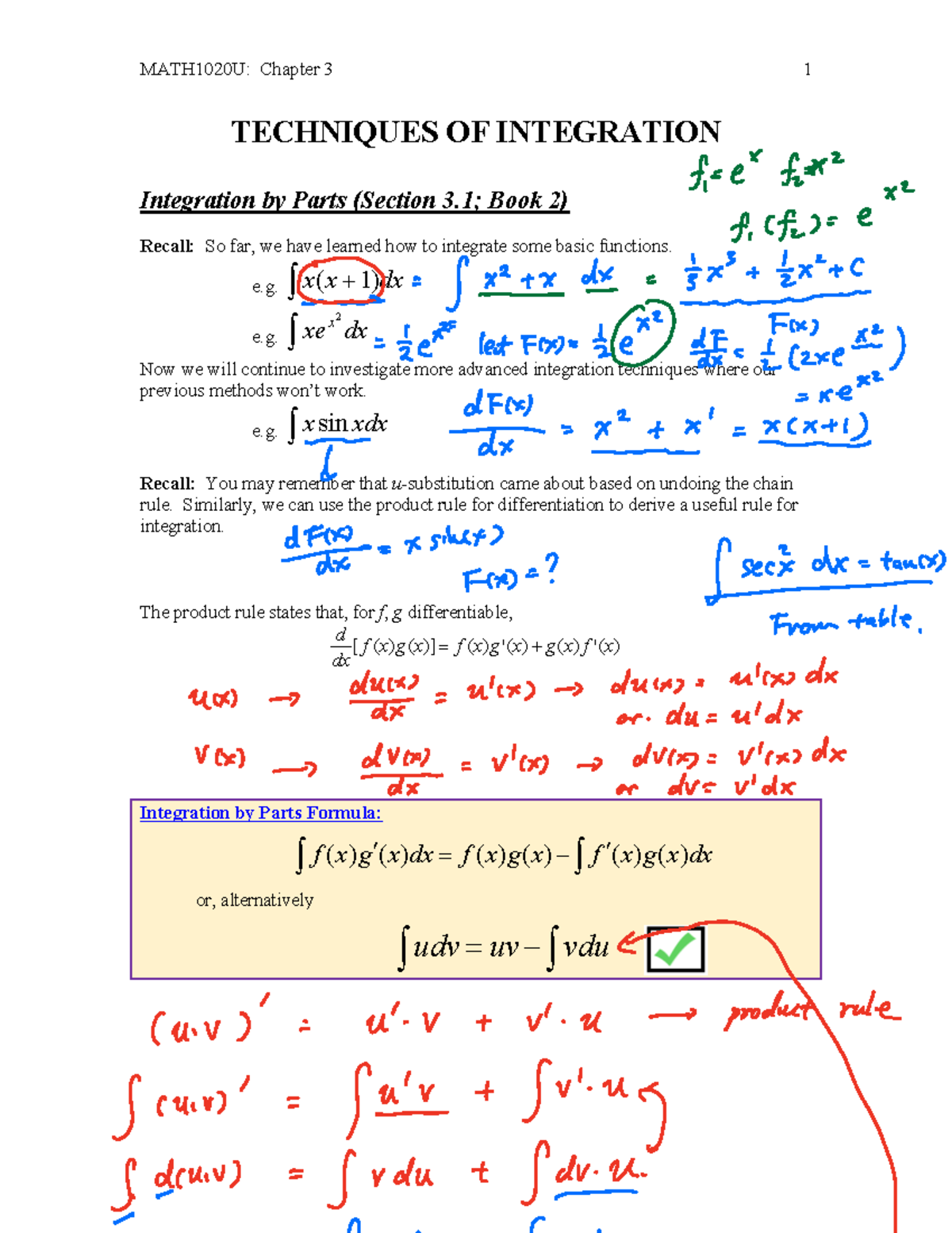 MATH1020U: Chapter 3 Techniques of Integration - Integration by Parts - Studocu