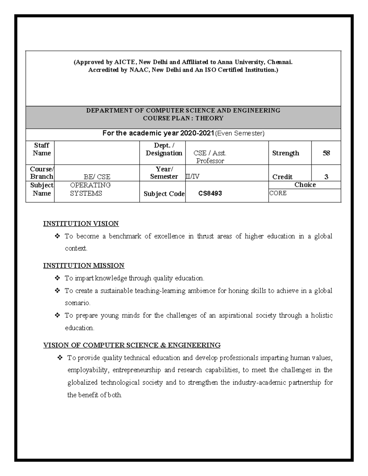 CS8493 Operating Systems Lesson Plan for Semester IV (2020-2021) - Studocu