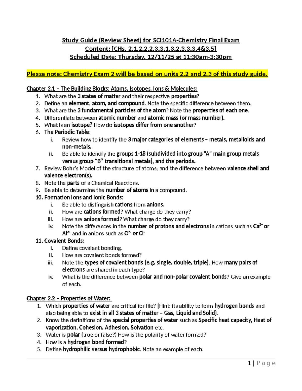 Study Guide for SCI101A Chemistry Final Exam (Chapters 2 & 3) - Studocu