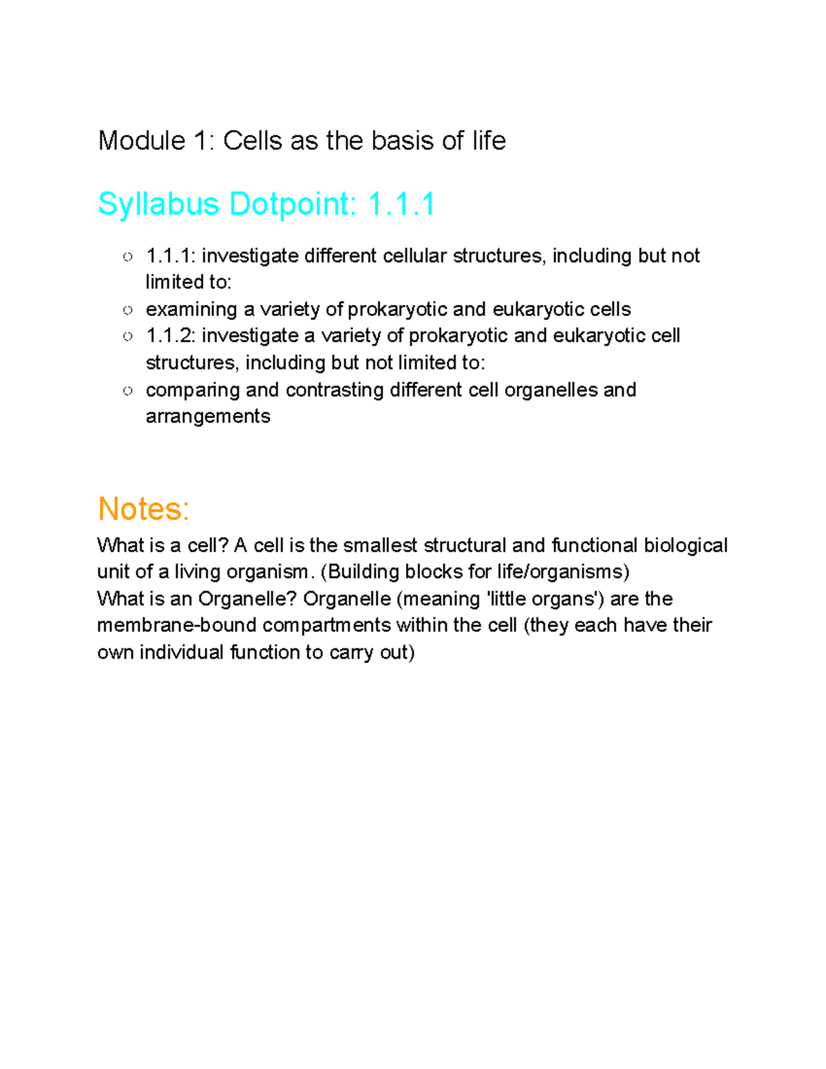 Biology 101: Module 1 - Cells and Their Functions Notes - Studocu