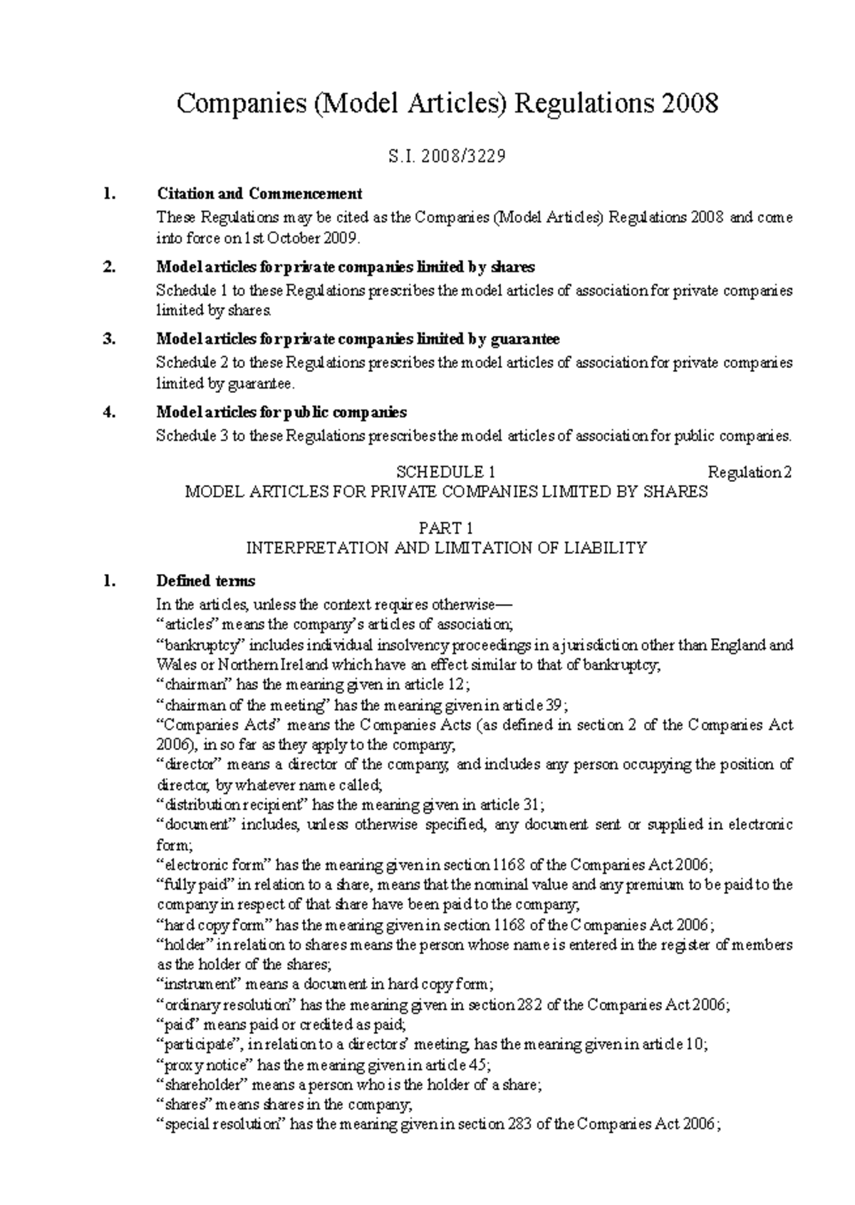 A full document of the Model Articles of Association - Companies (Model ...