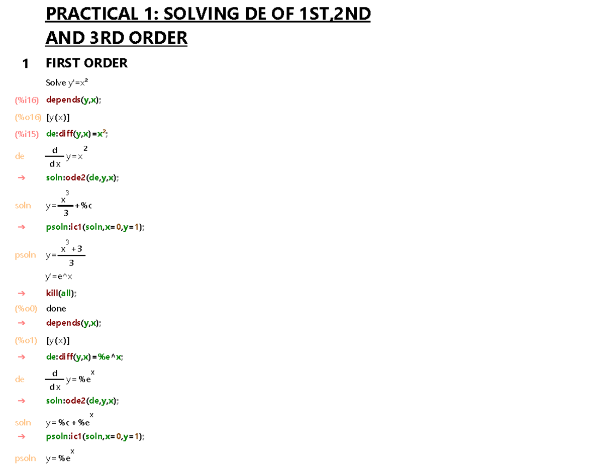 PRACTICAL 1: SOLVING DE OF 1ST, 2ND & 3RD ORDER - Studocu