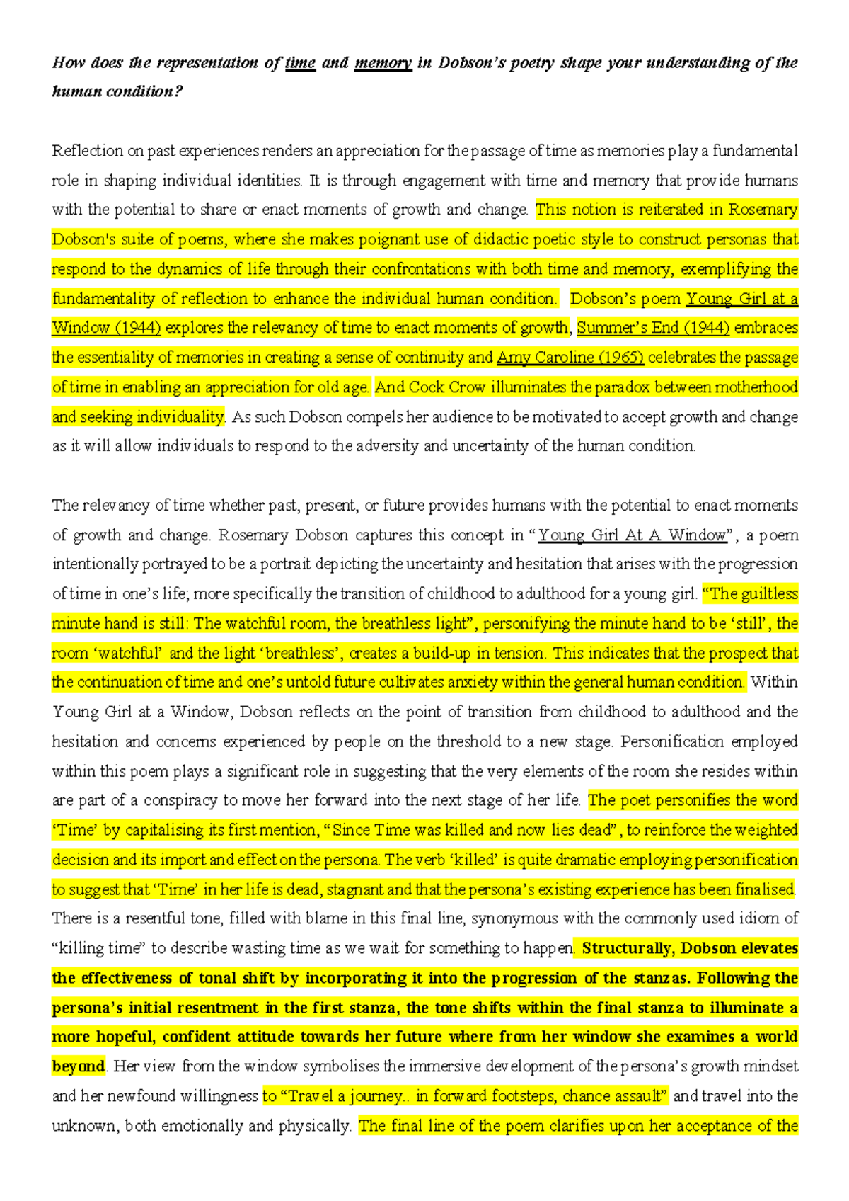 Rosemary Dobson Poetry - Essay on Time and Memory's Impact - Studocu