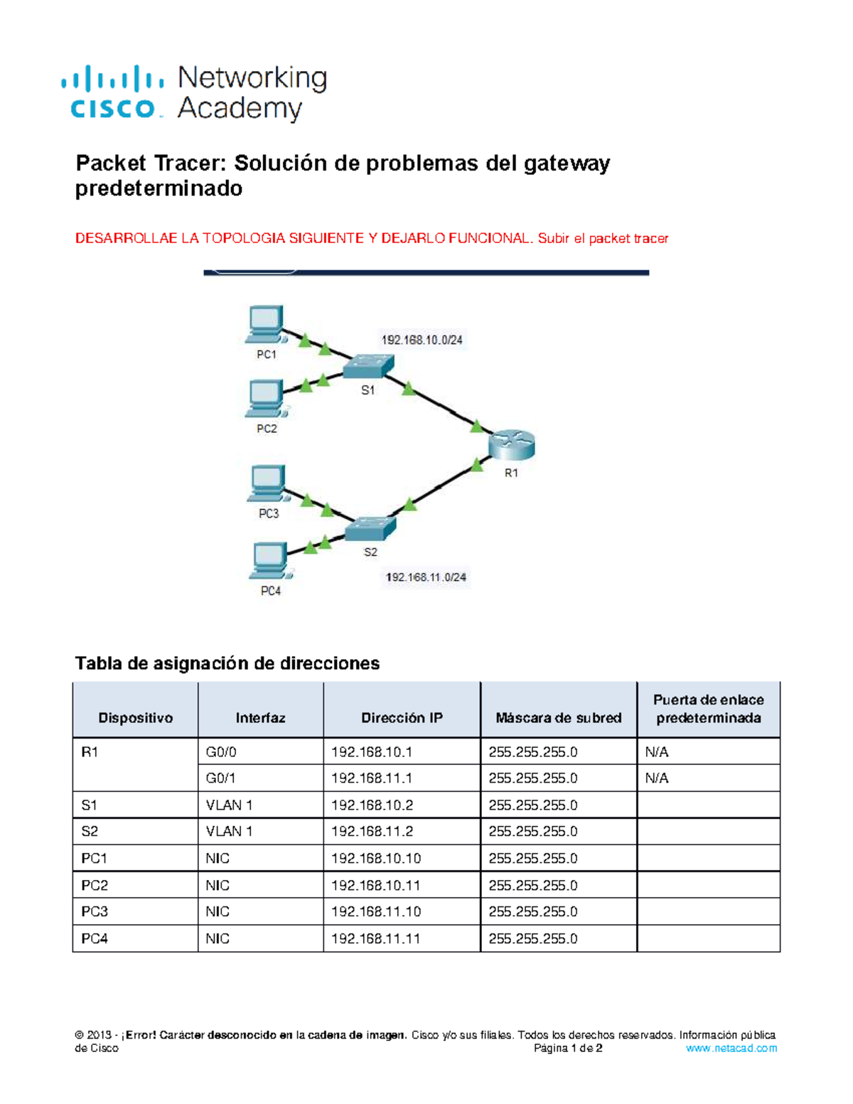 Packet Tracer: Solución de Problemas del Gateway Predeterminado - EH2 - Studocu