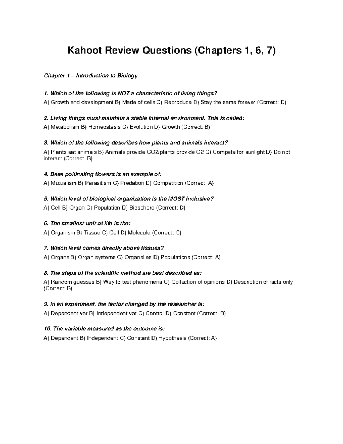 Kahoot Review Questions for Biology (Chapters 1, 6, 7) - Studocu